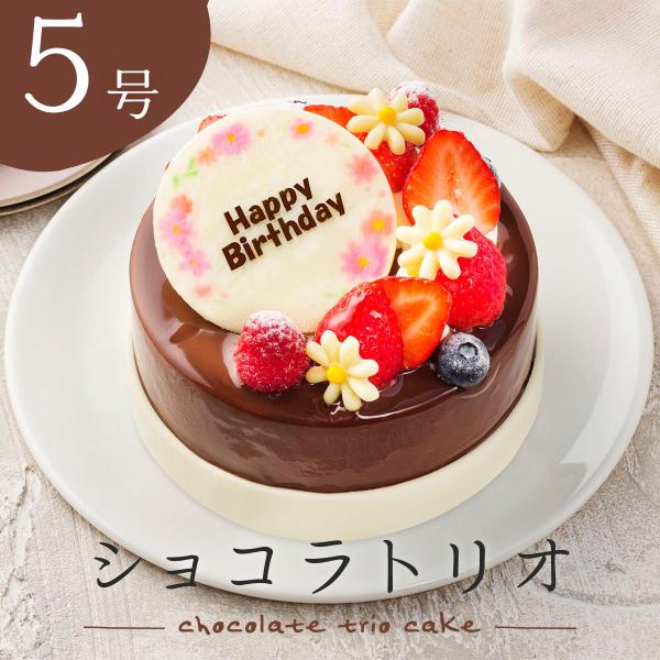 誕生日やお祝いにはデコレーションケーキ●商品情報・商品名：ショコラトリオ・5号-直径15cm※ロウソク5本入1袋別添●原材料原材料：生クリーム,チョコレート, 牛乳, アーモンド, 卵, 小麦粉,マーガリン,グラニュー糖,キビ糖, イチゴ,...