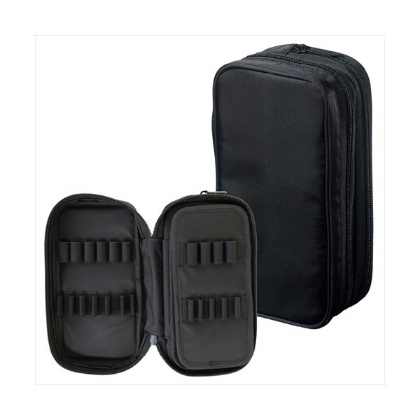 ペンホルダー：合計10本収納可能。ポケット：定規などの薄い物の収納に。メッシュポケット：シャープ替芯ケースや消しゴムを入れて。ペン同士の傷つきを防止するクッションプレート。ペンを隠さず保護するクッションループ。