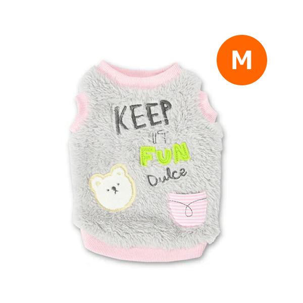 くまさんワッペンや刺繍などポップでかわいいデザインふわふわした肌触りの良いボアを使用したワンちゃん用タンク。そでや首元のリブには差し色をプラス【素材】ポリエステル 100%【サイズ：M】着丈：25-27cm胴回：37-39cm首回：26-2...