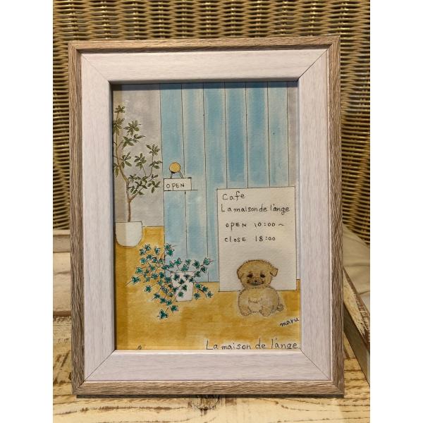 【作品への想い】雑貨＆CAFEをopenした時の理想像をイメージして愛犬まるちゃんを一緒に描きました♪いつの日か実現したいです。　オリジナルなので全てが1点ものです。【サイズ】縦：約22cm　横：約16.9cm　幅：約1.5cm【素材】木材...