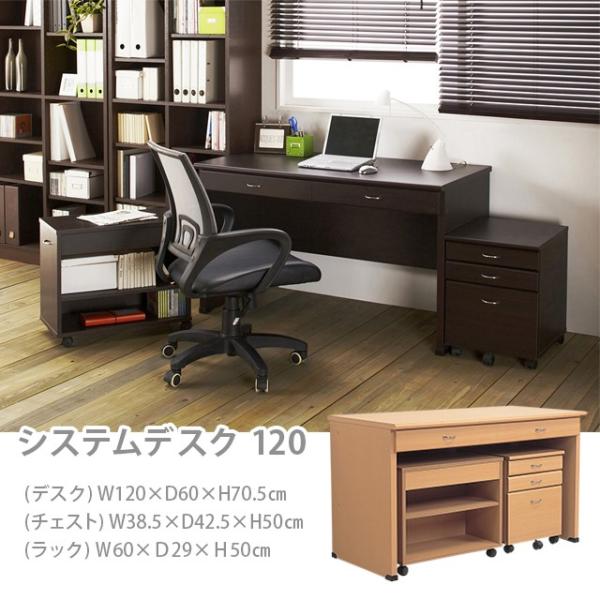 ★商品紹介使う人の便利さを考えた３点デスクセットです（デスク）【商品サイズ】約 横120×奥行60×高さ70.5cm【引出内寸】(2杯) 約 横52.5×奥行33.5×高さ6 (6.5) cm 【重　量】約 24.5kg●側板厚み：約 3c...