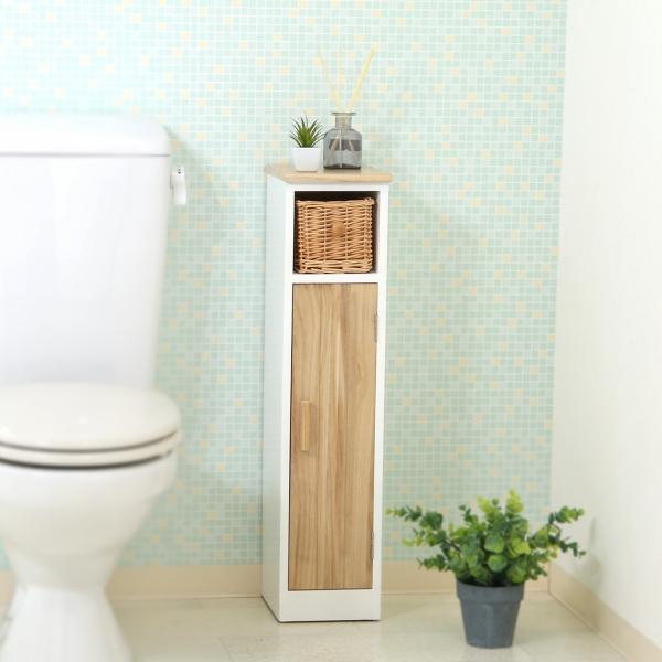★商品紹介★トイレ収納にも最適！ナチュラルテイストなマルチラックでバスケット付きですトイレで使うアイテムをすっきり、たっぷり収納できるスリムサイズのラックです背の高いブラシも収納可能で、柄の部分も気にせずに収納できます傷や水に強い、ラッカー...