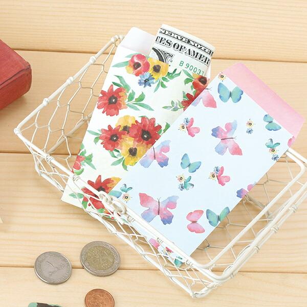 小さな庭をイメージした優しい水彩イラストのぽち袋です。ちょっとした心付けやお礼に使うぽち袋もオシャレな柄を使いたい方に！お年玉用のぽち袋としてはもちろん、細々とした小物の整理にもお使いいただけます。■サイズ：W65×H125mm ■5枚入り