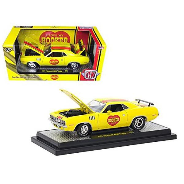 M2 MACHINES社「プリムス」1971 HEMI Cuda R66 1971 の 1:24 ダイキャストミニカー！懐かしのクーペタイプのアメ車！1964年に初代モデル製造されていて、今回のモデルは3代目！ イエローカラーに「HOOKE...