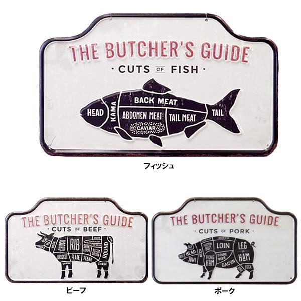 【商品詳細】フィッシュ/ビーフ/ポークの部位が説明されたメタルサインです。エンボス加工で作られたメタルサイン。おしゃれな飲食店やお部屋のインテリアとしてどうぞ！サビや擦れっぽい加工がされたアンティーク風なので馴染みやすいのもポイントです。【...