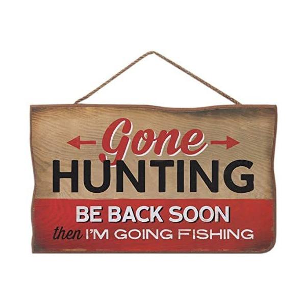 吊り紐付き "gone hunting" 木製看板"Gone HUNTING - BE BACK SOON. Then I'M GOING FISHING."（狩りに行ってきたよ。その後、釣りに行くよ。）吊り紐付きの木製プレート。ヴィンテー...
