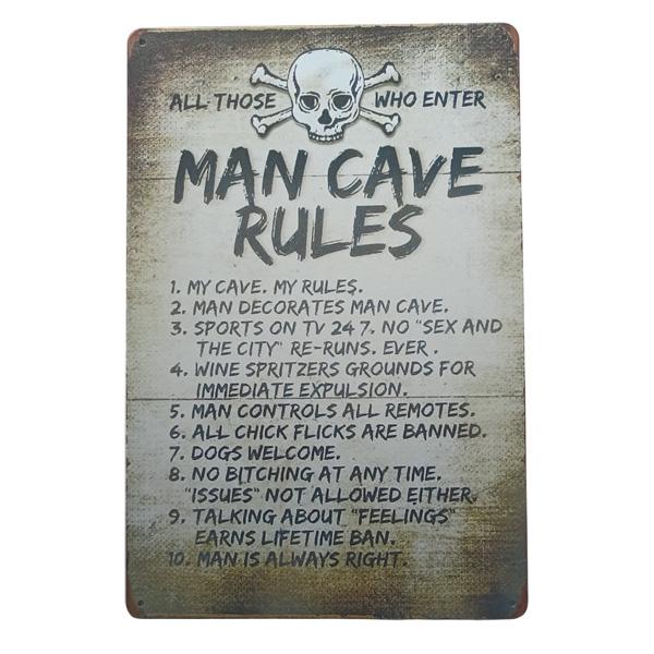 【商品詳細】俺のルールが絶対！「MAN CAVE RULES」（男の隠れ家のルール）ヴィンテージ風 ブリキ看板- MAN CAVE RULES -1.俺の隠れ家。俺のルール。2.隠れ家の装飾は男がやる。3.テレビではスポーツが24時間365...