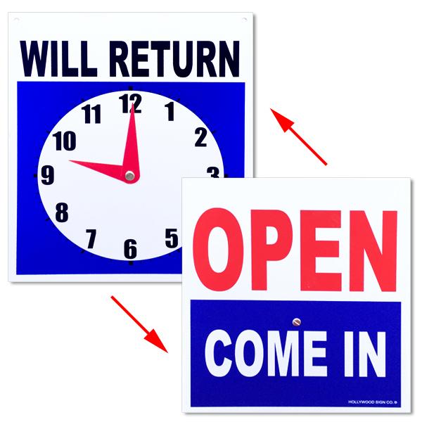 お店にぴったりなリバーシブルタイプの「OPEN COME IN (開店中 お入りください)」「WILL RETURN (○時に戻ってきます)」の看板です。WILL RETURNの方は時計の針を戻ってくる時間に合わせてお使いください。厚さ約1...