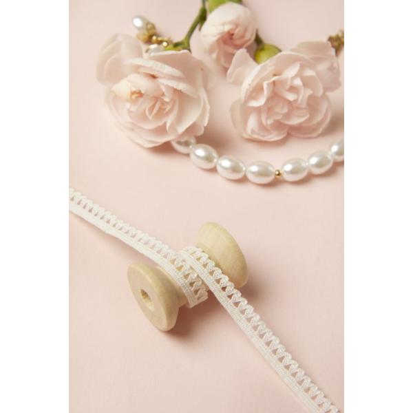 ゴムの入ったストレッチトーションレースです縫い代も広めにあり、ゴムで伸びるので、襟元や裾などインナー、アウターどちらにも使えます。綿素材なので触り心地もいいですよ【素材】　綿、ナイロン、ポリウレタン【日本製】【厚み】　普通【色】　オフホワイ...