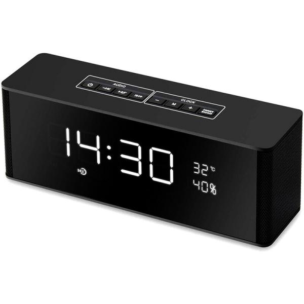 トーンブロックアラームクロックブラック×ホワイトLED スヌーズ機能付き温度計＆湿度表示付き目覚まし時計暗闇でも時間をはっきり確認できる置き時計 デジタルクロックLCDデスククロック MP3Blutetooth接続でスピーカーとして音楽再生可能