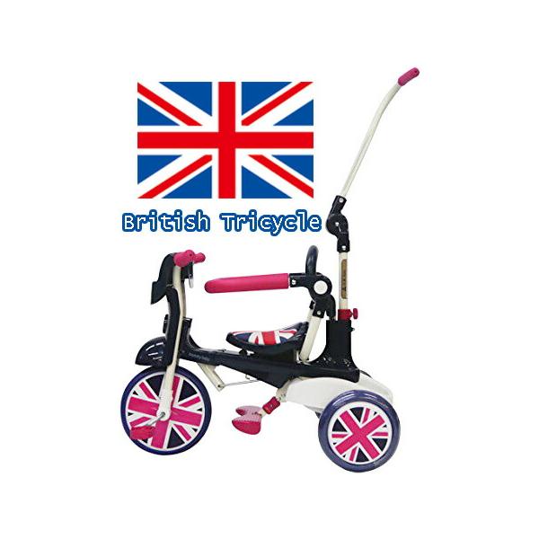 ブリティッシュデザイン取外可能プッシュバー搭載三輪車イギリス国旗柄ホイール＆サドルブラック レッド ブルー幼児車 イギリス国旗ホイール贈り物 おもちゃ プレゼントに足置きステップ搭載ユニオンジャック キッズトライサイクル
