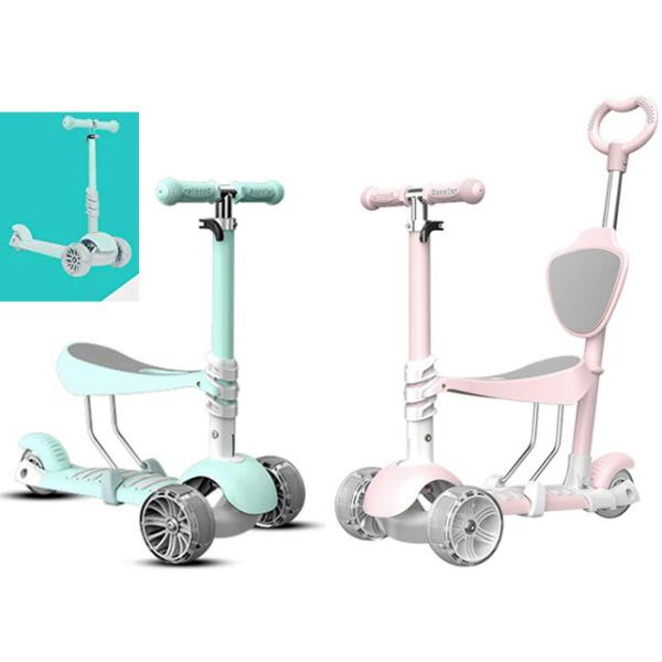乗用玩具をぜんぶ足した形がコレ子供用バランスバイクピンク グリーン 幼児用バランススクーターキッズキックスクーター 3輪キックボード 光るLEDウィール 後輪ブレーキ 乗用玩具 三輪車 3輪背もたれ付きベビーカー 誕生日プレゼントやギフトに