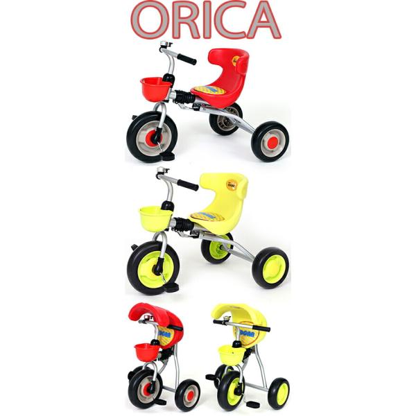 取っ手レバーを持ち上げるだけで折りたためる三輪車レッド イエロー シルバーコンパクトに折り畳めて物置にもスッポリベル＆バスケット付きフォールディングトライク簡単に折り畳める３輪車公園へ持ち運び、車のトランクや玄関などの収納に便利