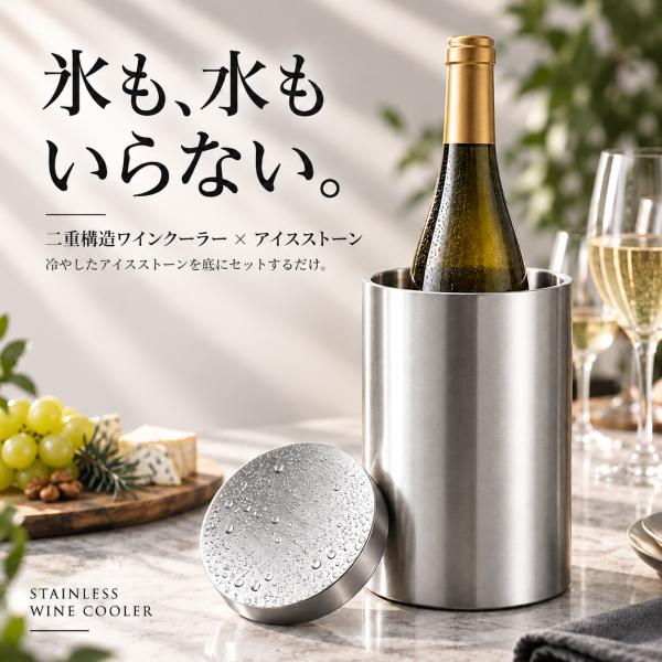 ワインクーラーとアイスストーンのセット。冷凍庫で冷やしたアイスストーンを底にセットし、冷えたワインボトルを入れるだけ。氷や水を使わず、飲み頃の温度をキープします。・カラー：シルバー／ブラック・本体：ステンレス製二重構造・本体サイズ：約φ12...