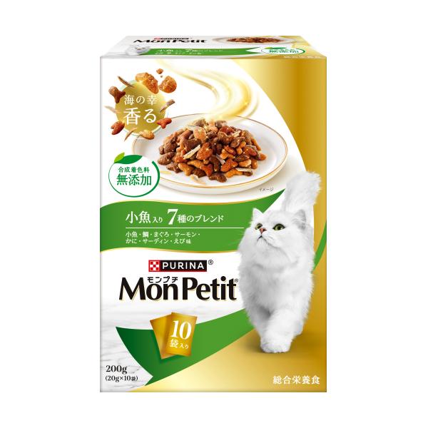 厳選した小魚、贅沢な鯛とかに、海の味わいまぐろとサーディン、こだわりのえびとサーモン。７種の魚介の美味しさを贅沢にブレンド。合成着色料無添加。