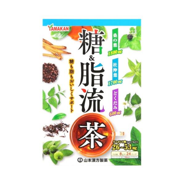 糖も脂もおいしくサポート。ゲニポシド酸 26-53mg(1バッグあたり)。ティーバッグ1袋で700ml分できる。ティーバッグの包装紙は食品衛生基準の合格品を使用。