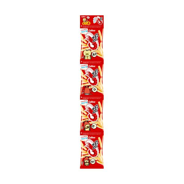ミニサイズの袋が4袋つながった「かっぱえびせん」。天然えびが殻ごとまるごと入ってる!だからおいしい。だからカルシウム入り。