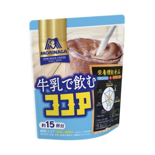 冷たい牛乳にサッと溶け、1杯(製品12g＋牛乳150ml)でカルシウム・鉄・ビタミンDが1日の1/2量摂れる、親子で美味しいココア。栄養機能食品。