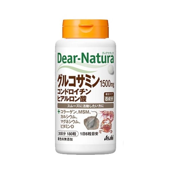 6粒中にグルコサミン1500mg、コンドロイチン100mg、ヒアルロン酸10mgを配合。