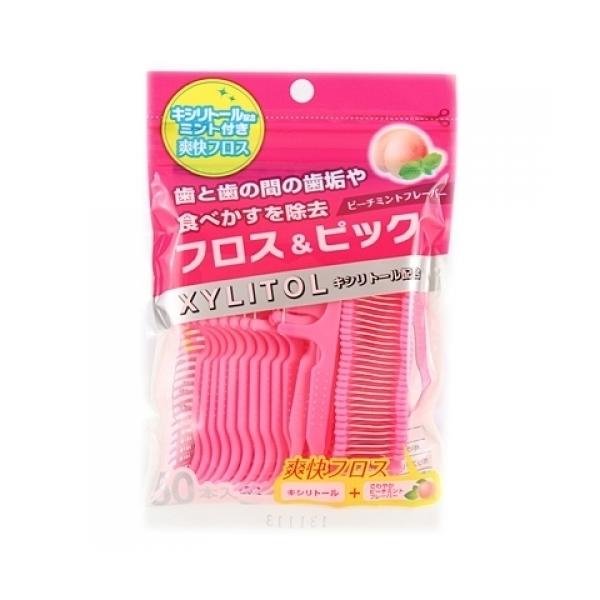 歯と歯の間の歯垢や食べかすを除去するフロス&amp;ピック。さわやかピーチミントフレーバー。キシリトール配合。