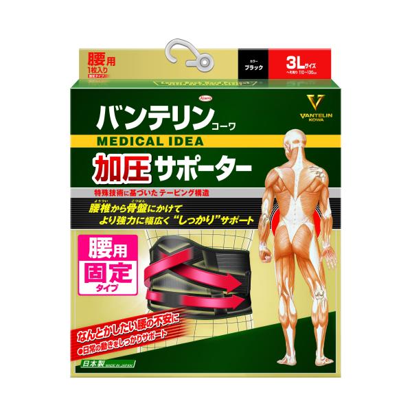腰のねじれを制限しながら、背面の腰上部から下腹部に向けて加圧し支えることで、腰椎から骨盤にかけてしっかりサポートします。