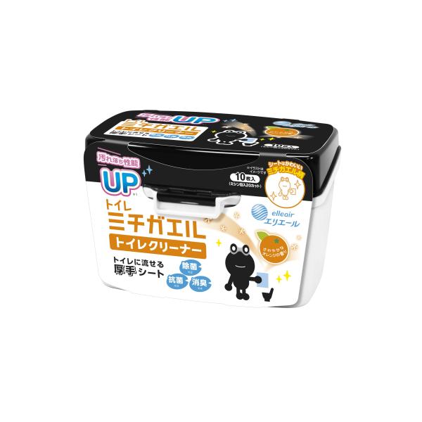 シートはミチガエルのプリント付き。・オレンジの香り。・気密性の高い容器。・除菌、抗菌、消臭。