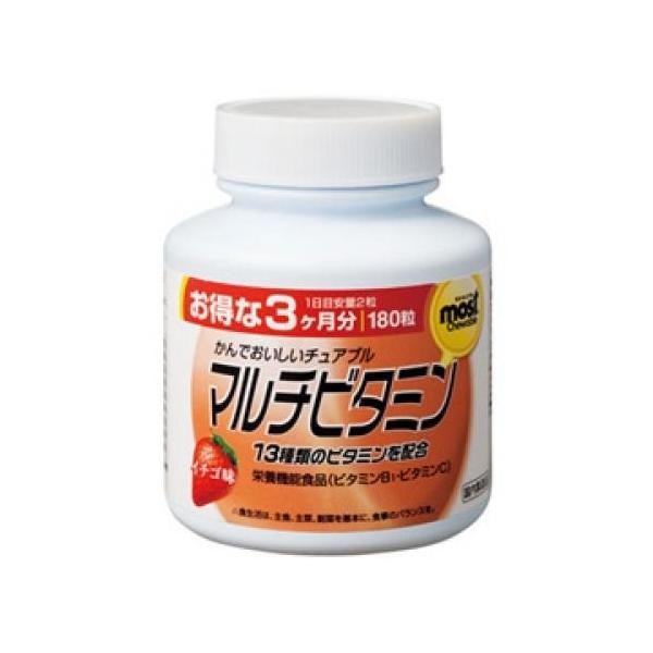 1粒で13種類のビタミンを補給、2粒で1日所要量の約半分を満たすビタミンを補給出来るバランスのとれた栄養機能食品。食べやすいイチゴ味のチュアブルタイプです。
