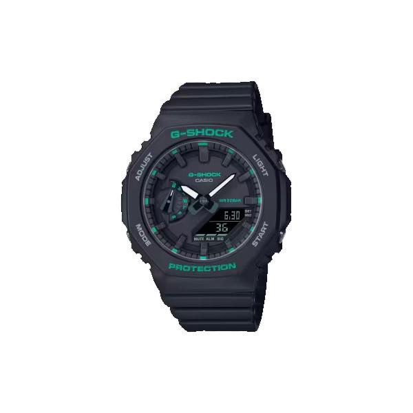 人気のデジタル・アナログコンビモデル、GMA-S2100シリーズから、グリーンをアクセントカラーに採用したモデルです。フラットな文字板とシンプルなバーインデックスがミニマルな印象を演出。ロゴやインデックス、液晶などにトレンドのグリーンを取り...