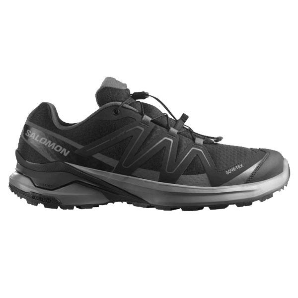 Examotion Gore-Tex シューズを履いて、あらゆるアウトドア アクティビティで飛ぶような走りを。足全体を包み込むようにデザインされたシャーシとアッパーにより、テクニカルなダウンヒルでも自信をもって走破できます。シューズ幅：スタ...