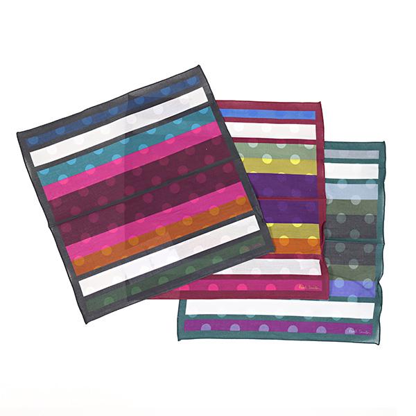 【 Paul Smith ポールスミス Cotton Handkerchief コットン ハンカチーフ M1A 160B K082 】マルチカラーストライプとドットを組み合わせた、遊び心あふれるポケットチーフ。鮮やかな色彩が織りなすデザイン...