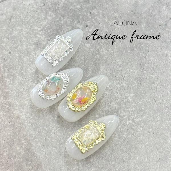 小さな額縁風メタルパーツドライフラワーやオパールフレークなんかを閉じ込めて宝石風ネイルも可愛い■サイズ：画像参照■カラー：ゴールド、シルバー■数量：1カラー5個 OPPバッグ入り※海外輸入製品につき、バリやゆがみがある場合がございます。