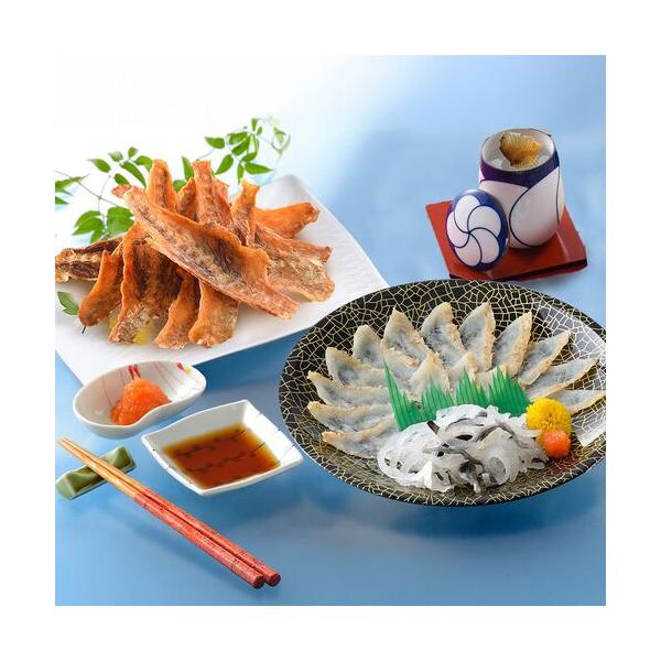 真ふくを軽く炙ってうまみを閉じ込めた真ふくたたき刺身と、こりこり食感のとらふく皮、そしてしろさばふくの骨をそのまま炙りあげたふく骨せんべいをセットにしました。ヒレ酒とともに晩酌のお供としてお楽しみください。 爆買