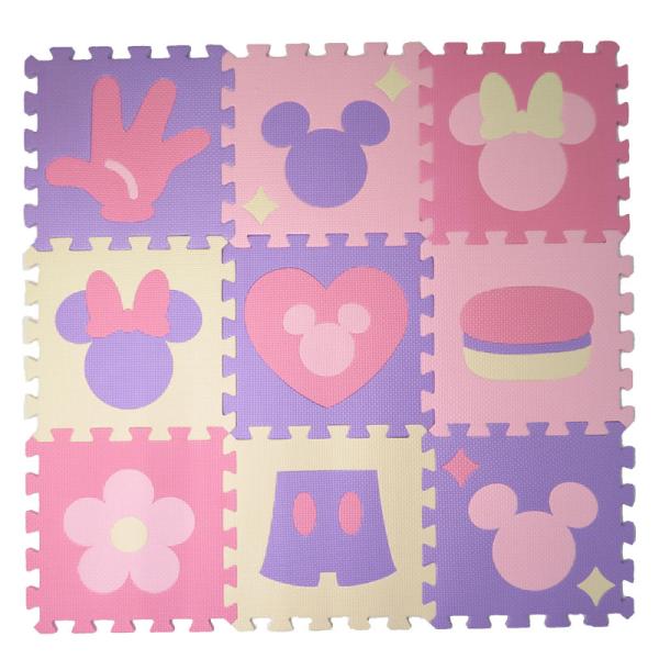 ■仕様・柄:マカロン/ミッキー＆ミニー・入数:9枚・製品サイズ:(約)幅32×奥行32×厚さ1.2cm/1枚■商品説明・つなげるタイプで、敷き詰め・取り換えが簡単なジョイントマットです。・かわいいミッキー＆ミニーのパズルになっているので、お...