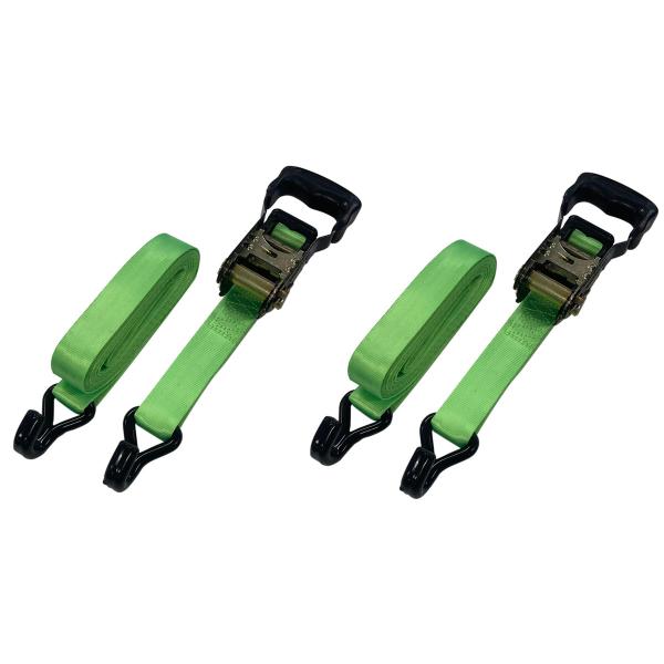 ■仕様・用途:木材や資材などの結束に・入数:2セット・使用荷重:300kg・ベルト長(約):5m・ベルト幅(約):32mm■商品説明・結束固定するものを傷つけにくいベルト式です。・ラチェット式で、荷締めが確実でスピーディー。・軽量物の荷締め...