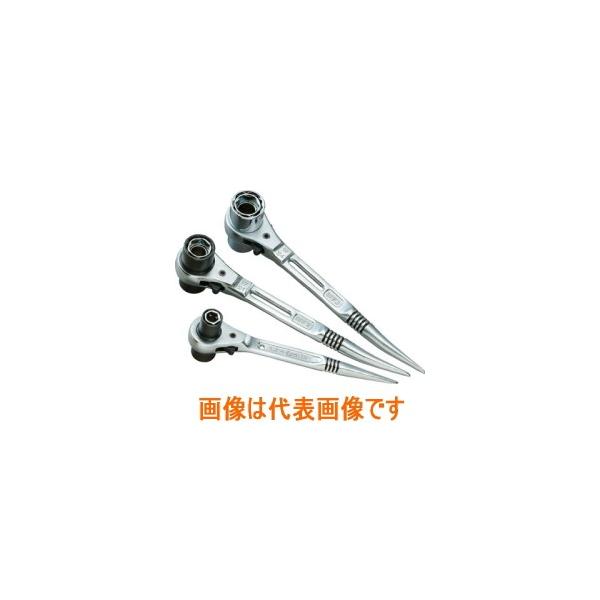 正逆は切り替え爪式です。 1丁で4サイズの六角対辺に対応した、シノ付ラチェットレンチです。 アウターソケットを使用する場合、インナーソケットが軽い力で押し上げられ、使用後はスプリングにより元に戻ります。 ショートタイプです。 ニッケルクロム...