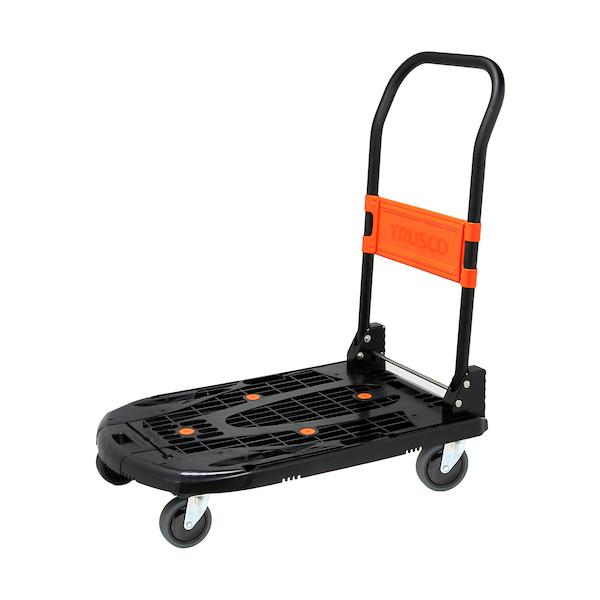 ■仕様・台車サイズ(約):幅490mm×奥行780mm・ハンドル高さ:900mm・キャスター径:100mm・均等荷重:200kg・騒音値:35.5dB・材質:荷台/再生ポリプロピレン(PP),再生材100％、ハンドル/アルミ、キャスター金具...