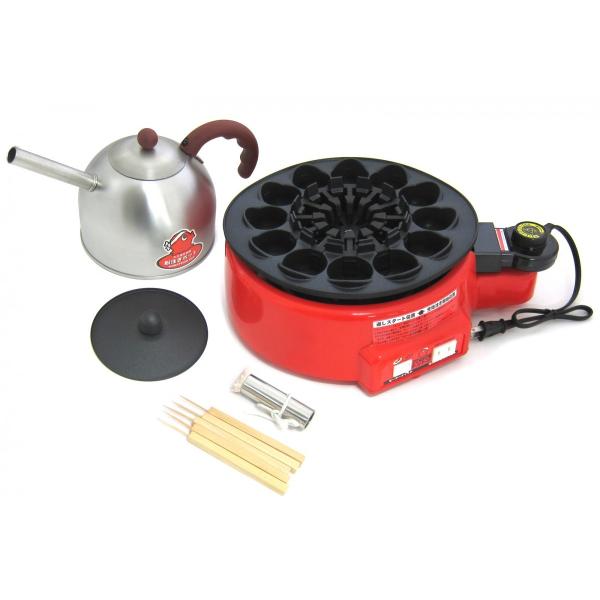 自動返し運転のたこ焼き器！たこ焼きを作るための付属品付。たこ焼きの生地をつぼの中に流し入れ、モータースイッチを入れると、「自動返し運転」で、まん丸たこ焼きの出来上がり！5〜6回の回転で丸く焼きあがります。[仕様]付属品：油引き×1、オリジナ...