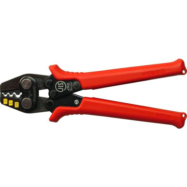 用途：裸圧着端子・裸圧着スリ−ブの圧着作業に適応サイズ：1．25 / 2 / 5．5（ｍm2）ＪＩＳ規格品仮押さえ可能両面カラ−マ−カ−付トグル機構採用で所要握力軽減成型確認機構内蔵圧着マ−ク付エラストマ−グリップストラップ取付穴付製品サイ...