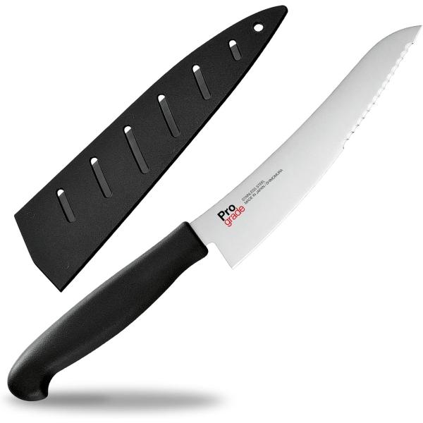 ■仕様・用途:波刃でホットサンドや鶏肉を、ストレート刃で野菜や果物のカットに・サイズ(約):40×15×長さ270mm(鞘含む)・材質:刀身/モリブデンバナジウムステンレス刃物鋼、柄/熱可塑性エラストマー、サヤ/ポリプロピレン・刃渡り(約)...