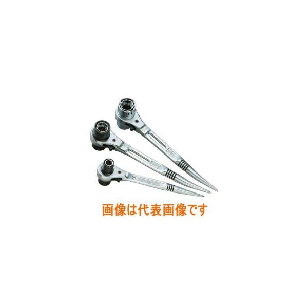 正逆は切り替え爪式です。 1丁で4サイズの六角対辺に対応した、シノ付ラチェットレンチです。 アウターソケットを使用する場合、インナーソケットが軽い力で押し上げられ、使用後はスプリングにより元に戻ります。 ショートタイプです。 ニッケルクロム...