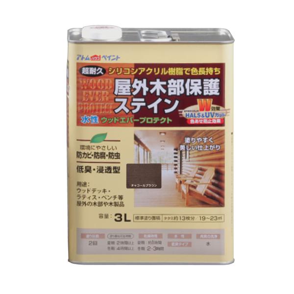 ■仕様・用途:屋外木部用保護ステイン・硬化時間:夏期/約1時間、冬期/2~3時間・塗り重ね可能時間:夏期/約2時間以上、冬期/4時間以上・塗り回数:2回・使用後の手入れ方法:ハケ洗い/水・内容量:3L・塗り面積:19~23平方m・色:チャコ...
