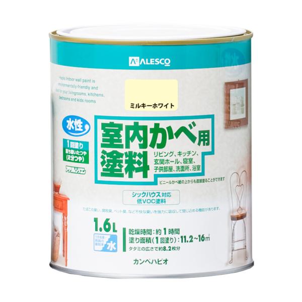 ■仕様・内容量:1.6L・性質:水性・仕上がり:2分つや・塗り面積(1回塗り):11.2~16.0平方メートル(タタミ約8.2枚分)・乾燥時間:20℃/約1時間(塗り重ね2時間以上) 冬期/約2時間(塗り重ね4時間以上)・うすめ液・用具の後...