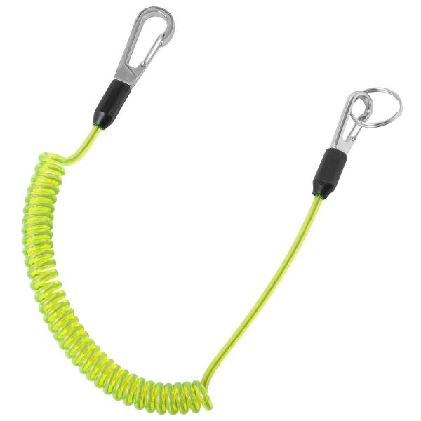 より戻し:ポリカーボネート樹脂  コード:ポリウレタン  ワイヤー:ステンレス用途:高所作業での工具落下防止や紛失防止カラー:イエローグリーンコード径:直径4mmワイヤー径:直径0.81mm自然長:約410mm最大伸長:約1350mm安全強...