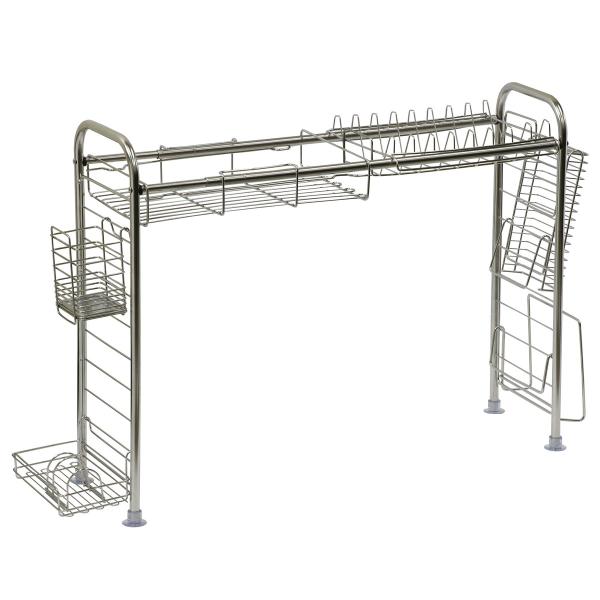 ■仕様・サイズ:(約)幅58~101×奥行20×高さ48cm・材質:本体/ステンレスパイプ、樹脂部/ポリプロピレン・内容:水切りラック(本体)、水切りバスケット、カトラリーボックス、まな板スタンド、ディッシュスタンド、包丁スタンド、洗剤スポ...