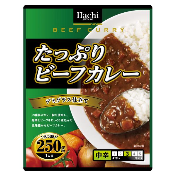 ハチ食品 たっぷりビーフカレー デミグラス仕立て 中辛250g２種類のカレー粉を使用し、野菜とビーフをじっくり煮込んだ風味豊かなデミグラス仕立てのビーフカレーです。【商品仕様】内 容 量／250g賞味期限／24ヶ月1袋あたりのカロリー／19...