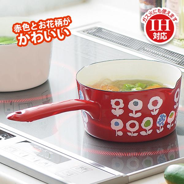 ホーローミルクパン15cm プルーン キャンディフラワー(YJM-202)可愛い柄のミルクパン耐酸性に優れ、においや汚れもつきにくいホーロー製。雑菌も繁殖しにくいので衛生的です。かわいらしいデザインで、贈り物にも喜ばれます。サイズ／約310...