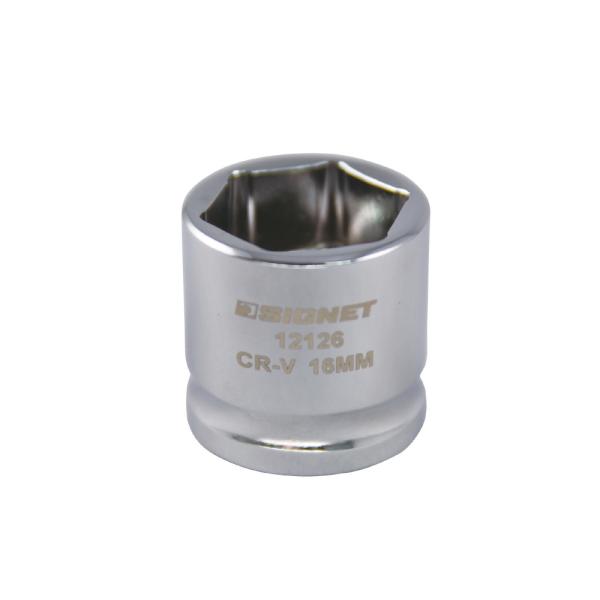 ●ミラー仕上げのメッキが美しいショートソケット。●六角タイプ。●吊り下げタグ付き。●ソケットの全長はわずか22mm(SIGNET従来品より4mm短い)、狭い場所での作業に最適。