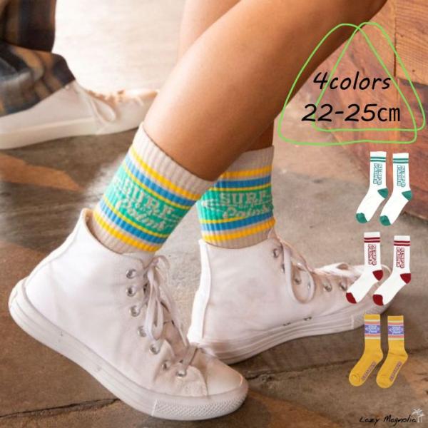 〇商品名SPソックス　靴下 レディース 厚手 クルー丈 おしゃれ ハワイアン かわいい ストリート プレゼント プチギフト〇ポイント厚手のソックス。カラフルな色合いとsurf＆parmsのロゴがストリートコーデにピッタリです。ハーフパイルな...