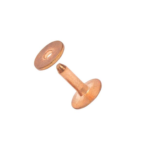 ■型番：PIG11278-01-5■販売価格：396円（税込）　　/　　360円（税抜）■商品名：装飾用ワッシャーリベット 足長 銅製■サイズ：頭径10mm×足9mm（全高12mm）、軸径2.5mm、ワッシャー厚1.0mm■内容：5ヶ■メー...