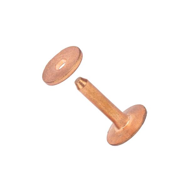 ■型番：PIG11279-01-5■販売価格：462円（税込）　　/　　420円（税抜）■商品名：装飾用ワッシャーリベット 特長 銅製■サイズ：頭径10mm×足12mm（全高15mm）、軸径2.5mm、ワッシャー厚1.0mm■内容：5ヶ■メ...